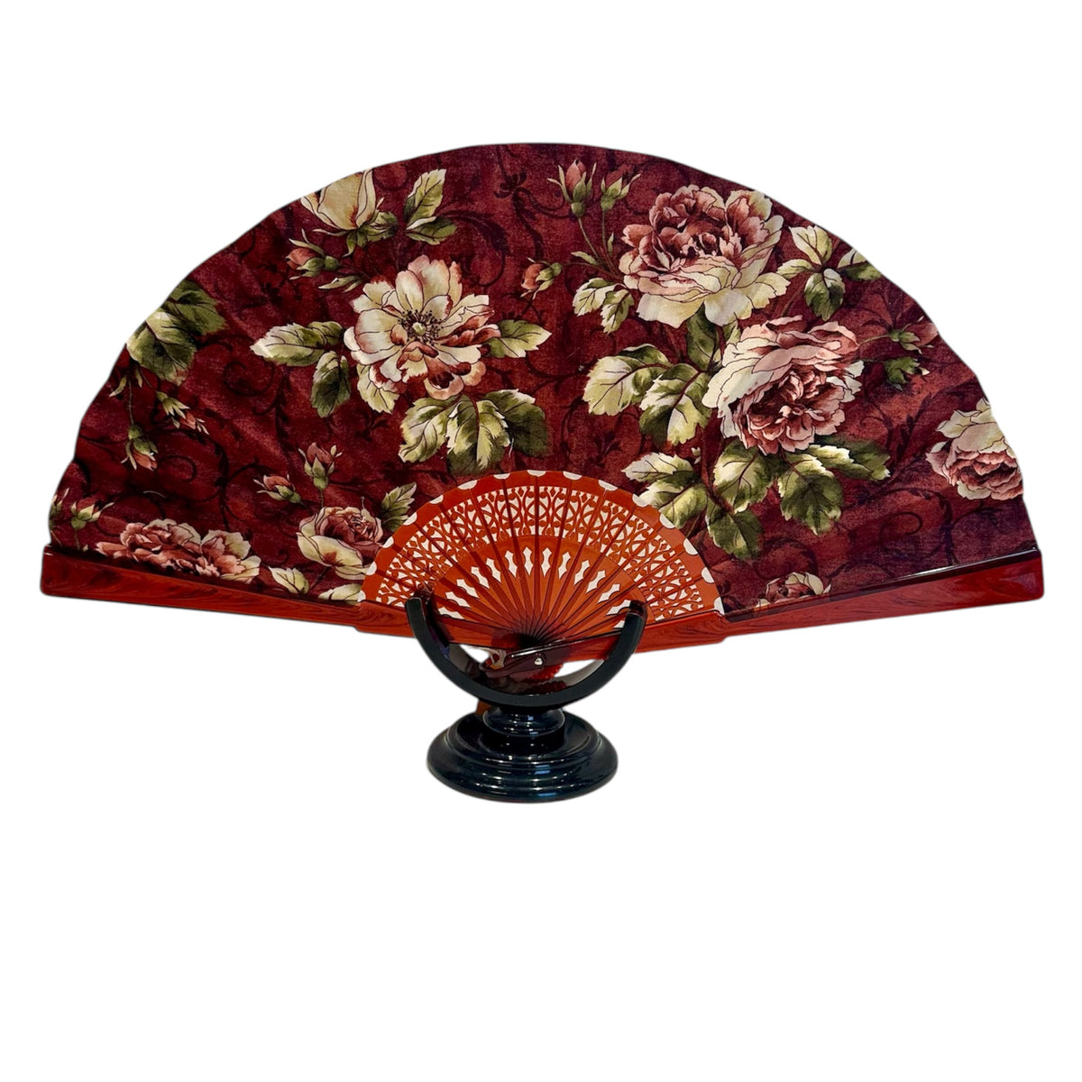 Cotton fan with burgundy flowers | Viganò Milano 1919